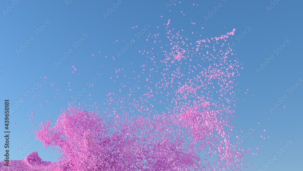 fluid of pink particles flying through the blue sky with a daylight and ...
