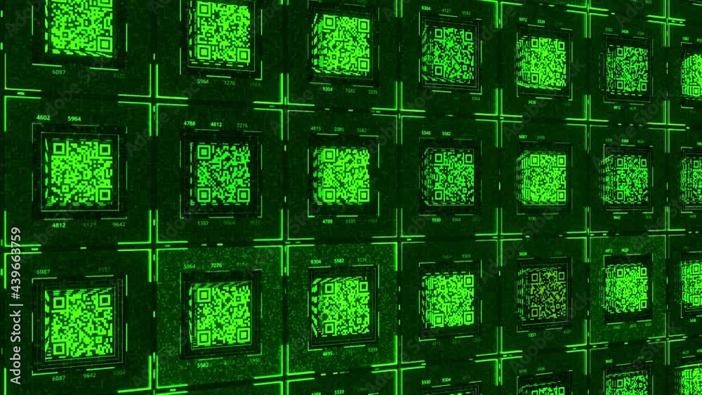 Database with Qr codes. Animation. Electronic space with lots of green ...
