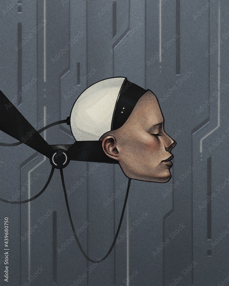 cyborg head with mechanism in profile on futuristic background Stock ...