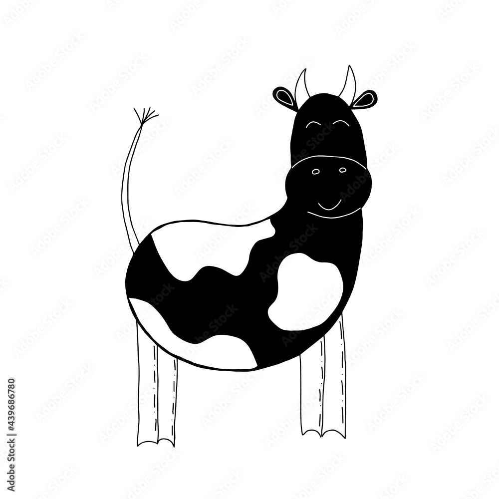 Cute little bull in doodle sketch style. Hand drawn vector cartoon ...