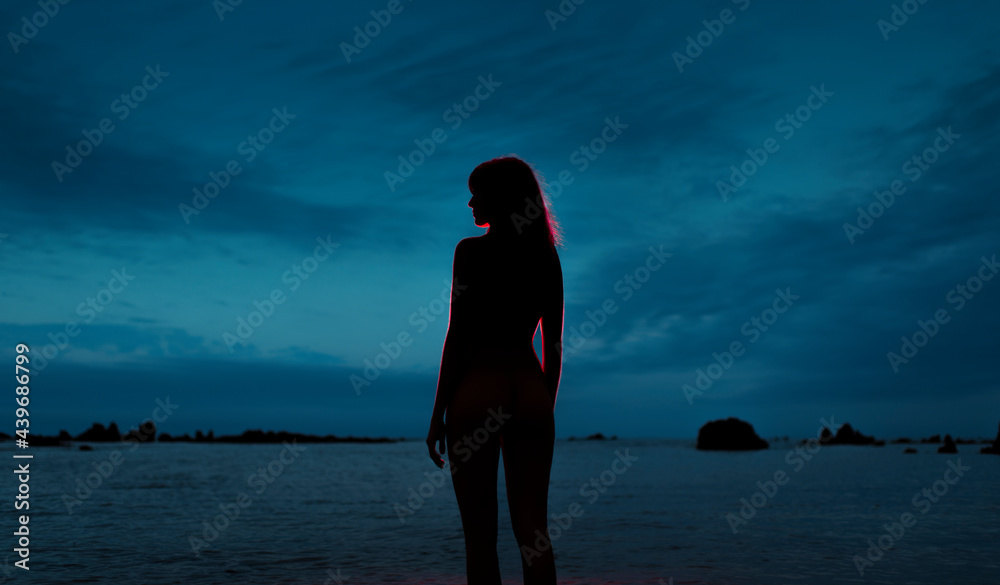 Girl silhouette standing in a dark sunset Stock Photo | Adobe Stock