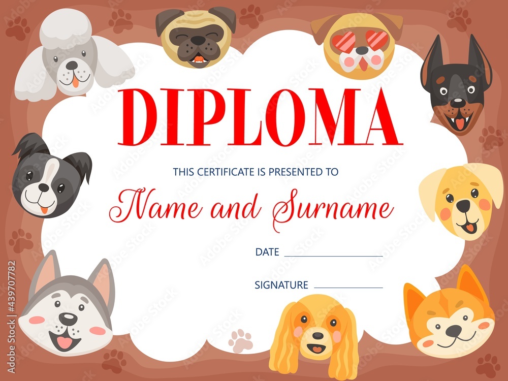 Kids diploma with funny dogs and puppies, vector certificate. Education ...