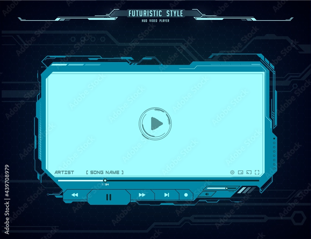 HUD video player futuristic screen interface. Vector neon glowing Ui ...