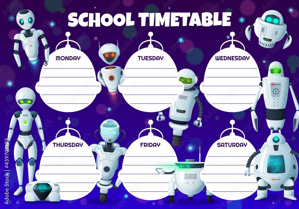 Cartoon robots kids education timetable schedule. Vector school student ...