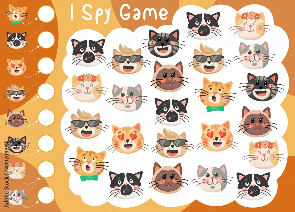I spy kids game with cute funny cats or kittens. Vector educational ...
