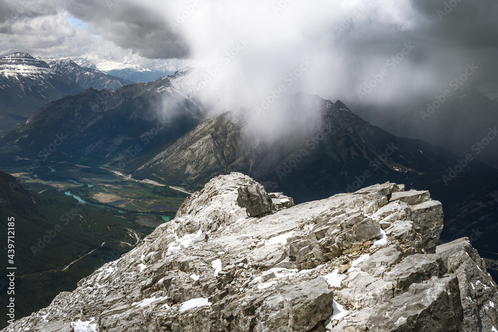 Summit of the Mount Rundle in Banff National Park and the overview of ...