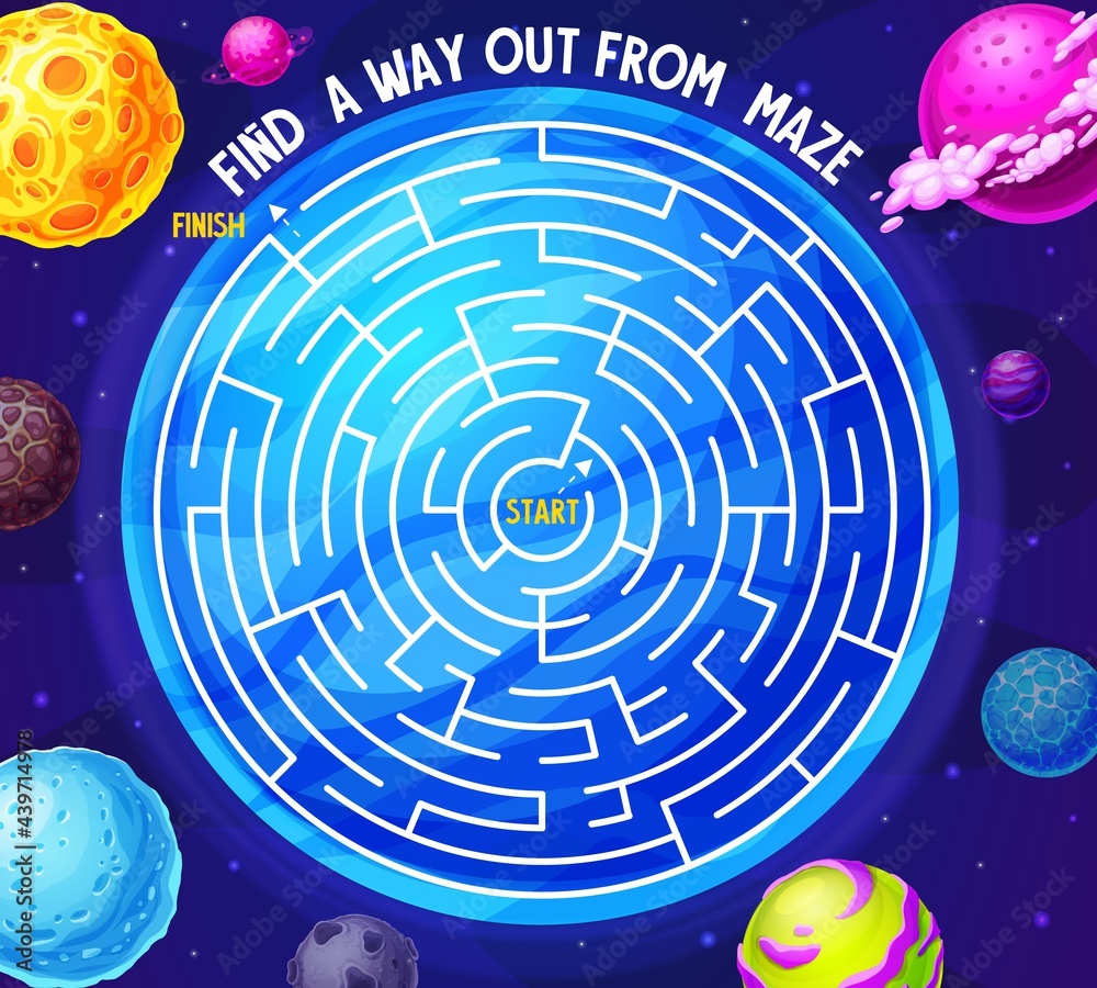 Space labyrinth maze game with planets and galaxy. Kids vector ...