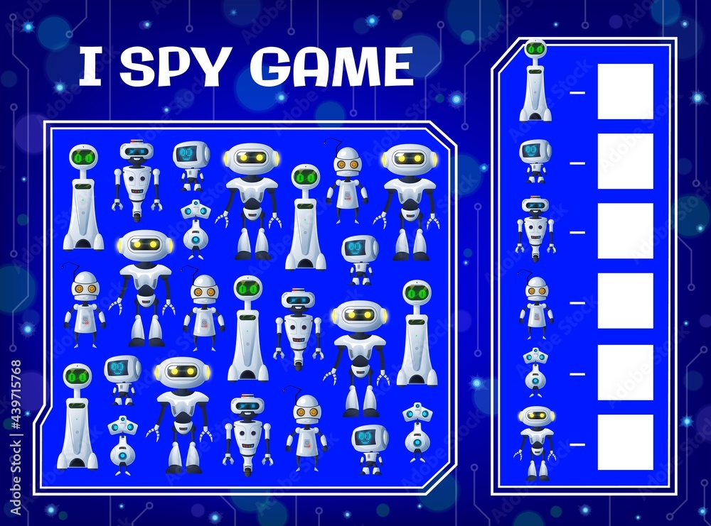 I spy kids game with cartoon robots and droids. Vector education puzzle ...