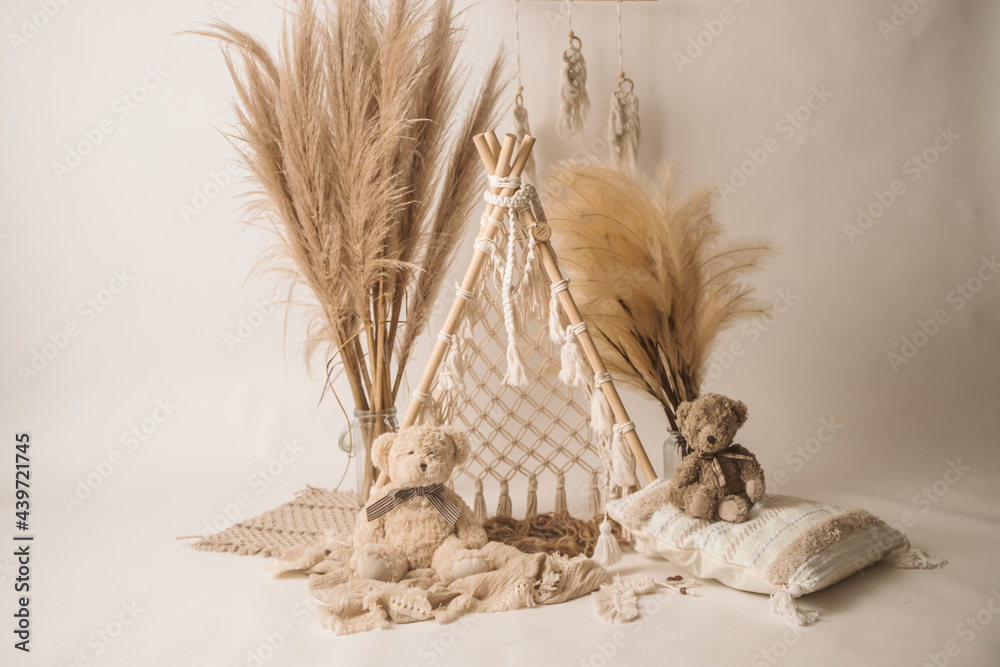 boho style setup, ine year background for studio photo shoot Stock ...