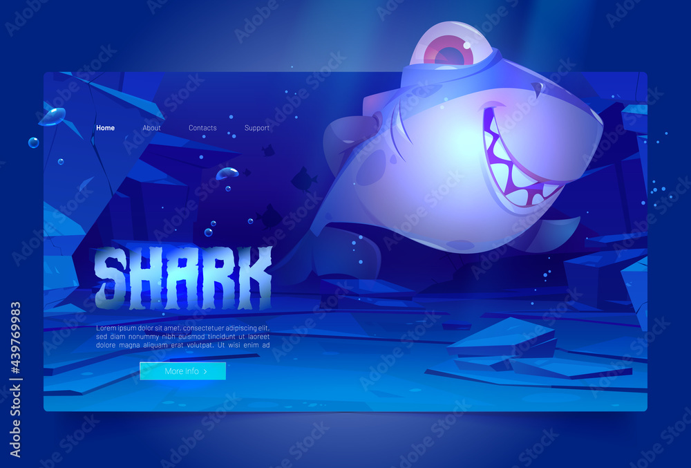 Banner with happy shark under water in ocean. Vector landing page of ...