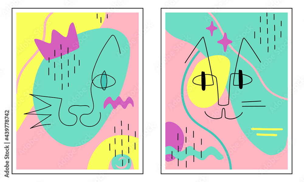 Vector set of feline art posters. Hand drawn abstract minimalistic cat ...