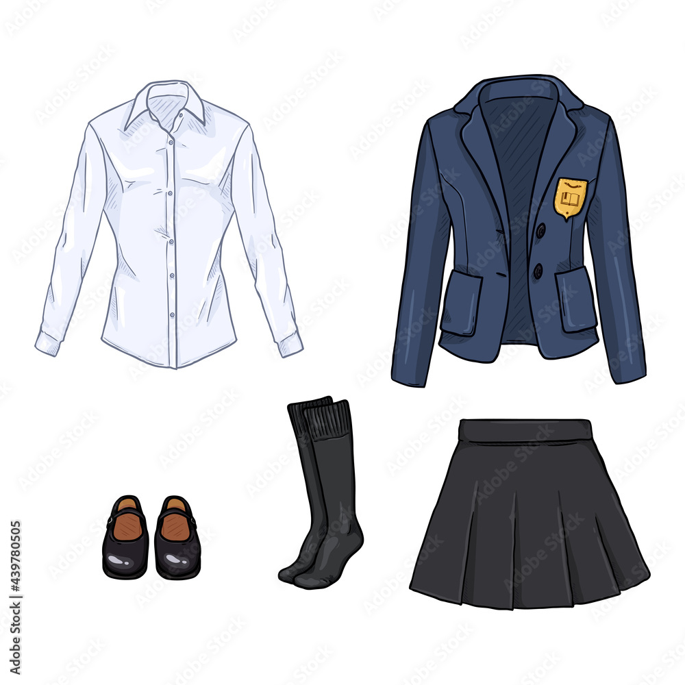 Vector Set of Cartoon School Girl Uniform Stock Vector | Adobe Stock