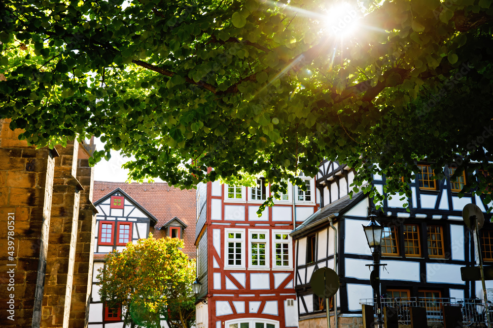 Cityscape of the German city of Marburg with historical townhall and ...