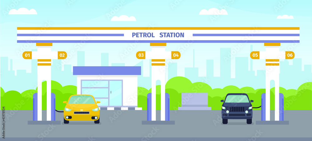 Illustration of a petrol station in the city. Vector flat cartoon ...
