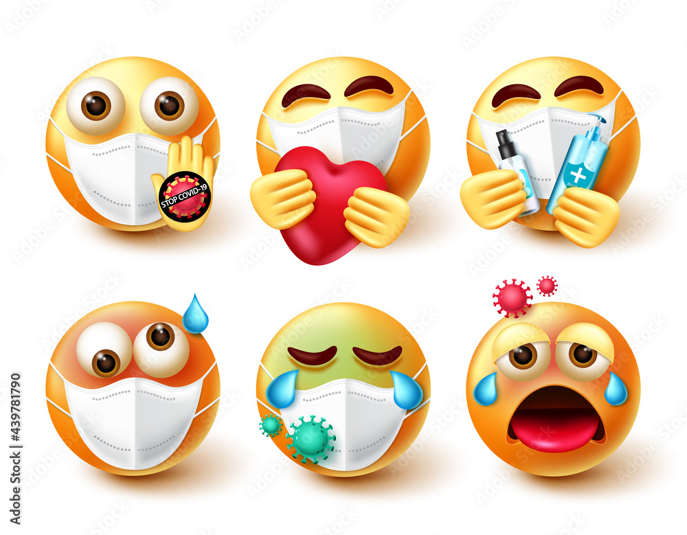 Covid-19 smiley emoji vector set. Emojis 3d character in care, sick and ...