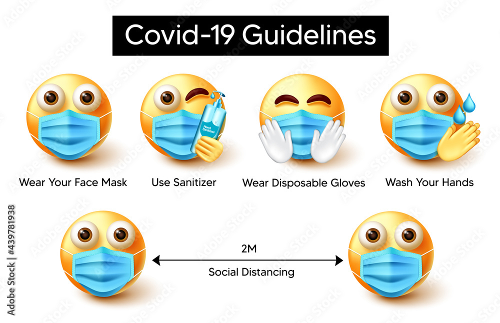Covid-19 guidelines emoji vector design. Covid-19 guidelines text with ...