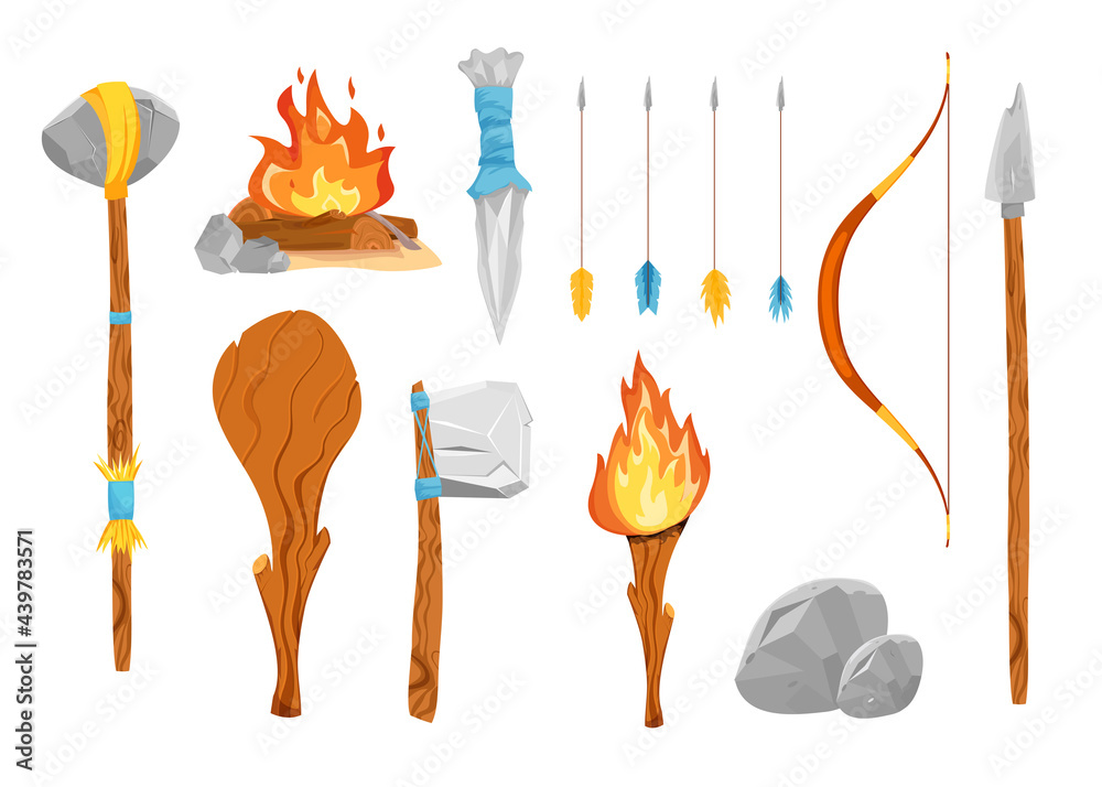 Stone age weapons vector illustrations set. Prehistoric tools, ancient ...