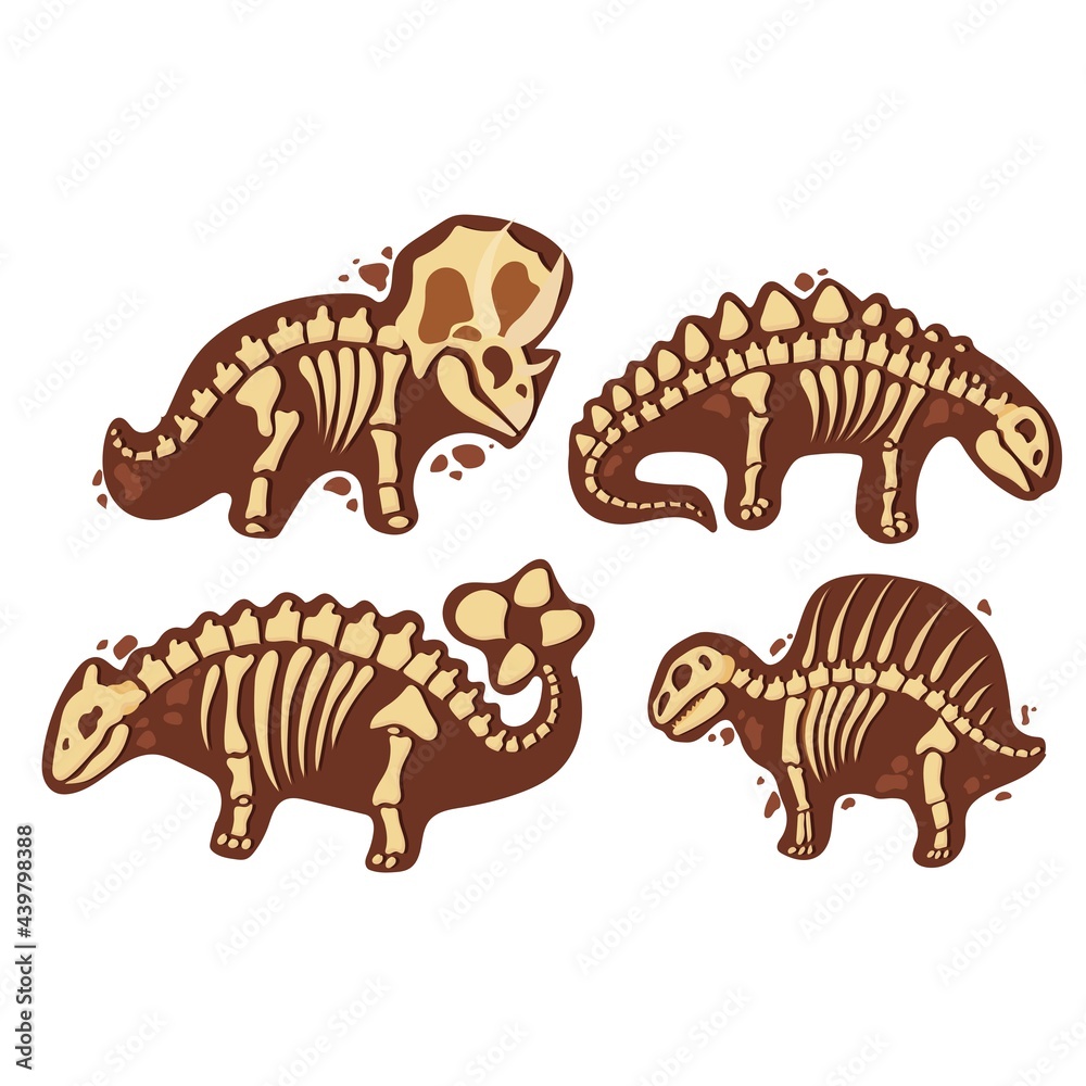 Set Dinosaur skeleton in cartoon style. The bones of a prehistoric ...