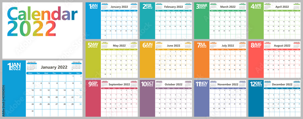 Bright calendar planner for 2022 with months of different colors. The ...
