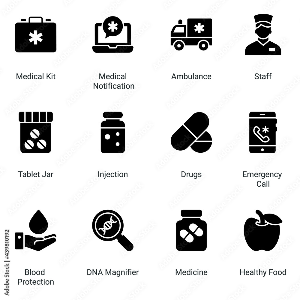 set of hospital and healthcare icons in Glyphs style. professionals and ...