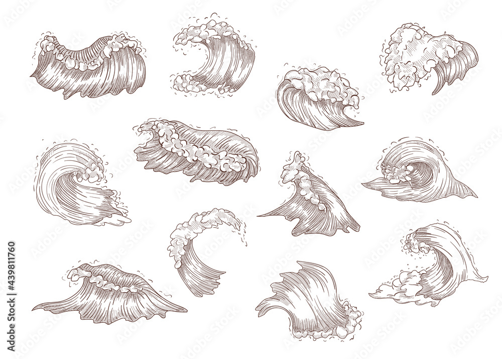 Hand drawn vintage sketch of sea waves. Decorative drawings of river or ...
