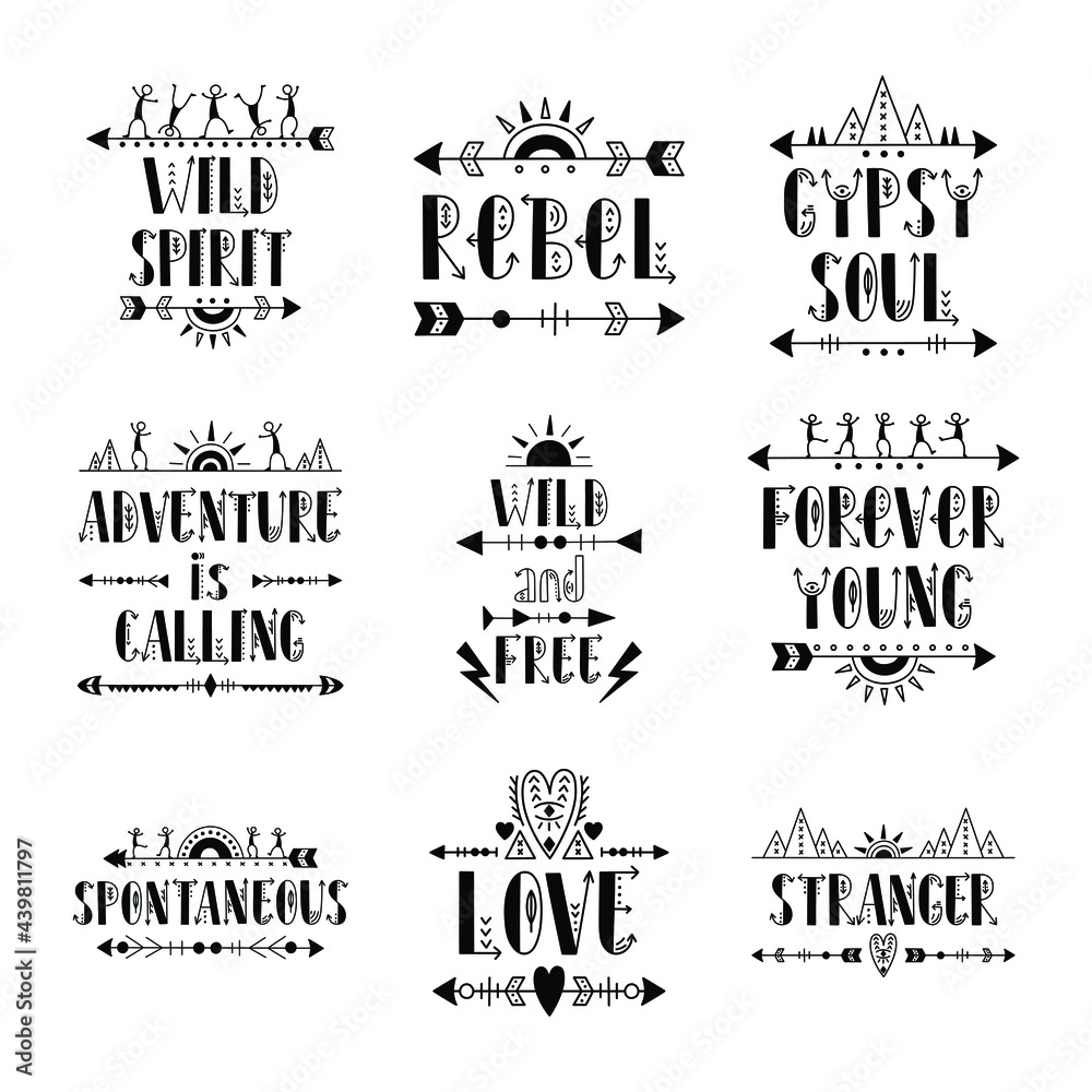 Set of vector illustrations, hand drawn lettering with element of ...