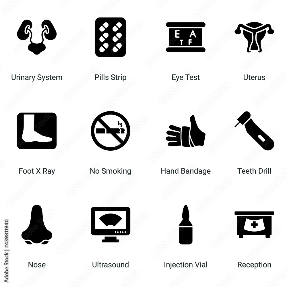 set of hospital and healthcare icons in Glyphs style. professionals and ...