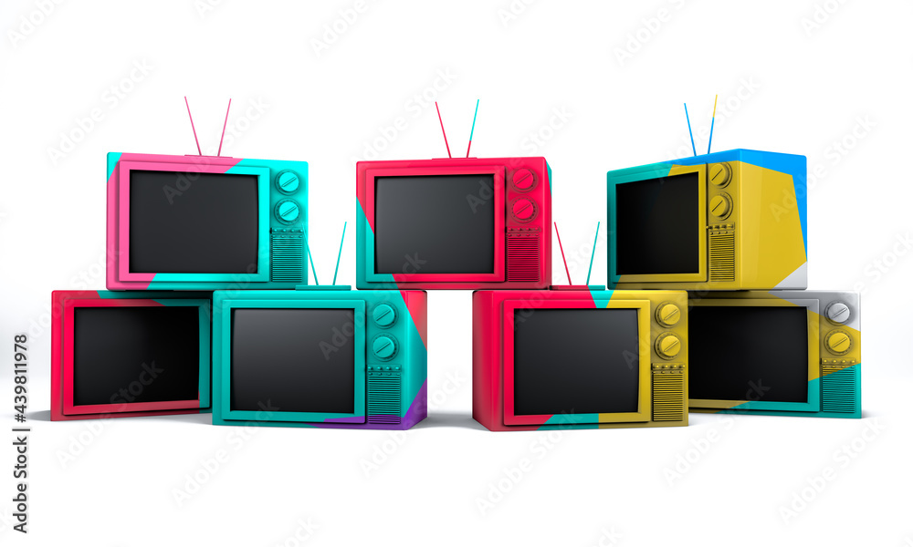3d rendering, Pile of colorful retro television cartoon mock up with ...