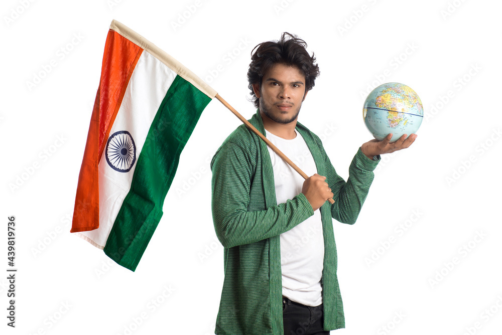 Young man with Indian flag or tricolor with world globe on white ...