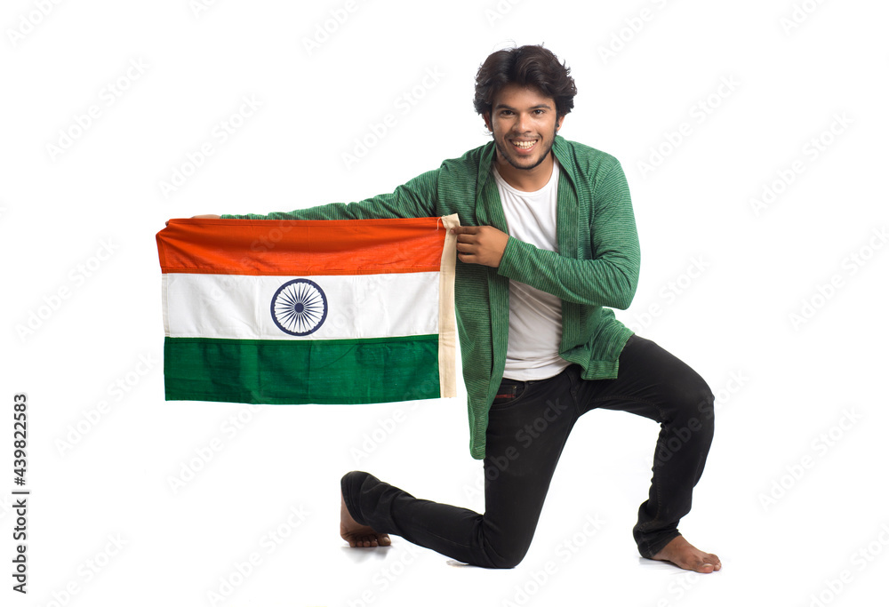 Young man with Indian flag or tricolor on white background, Indian ...
