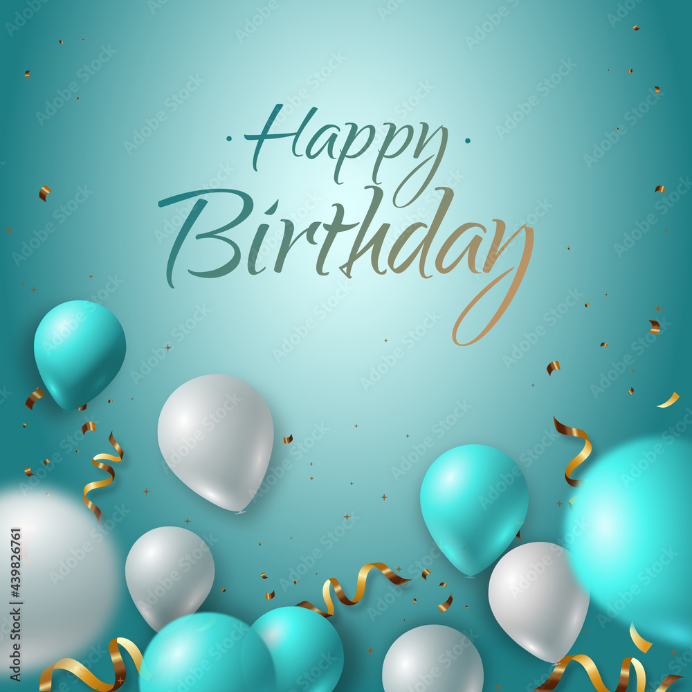 Happy Birthday Turquoise Invitation Card With Balloons And Confetti