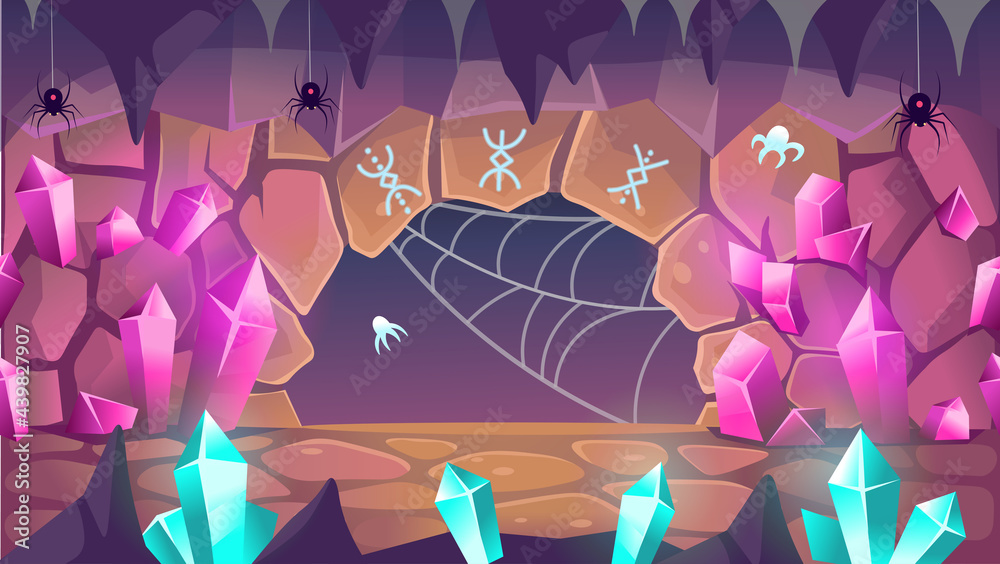Fantasy cave with crystals, spiders and runes. Exit from the cave ...