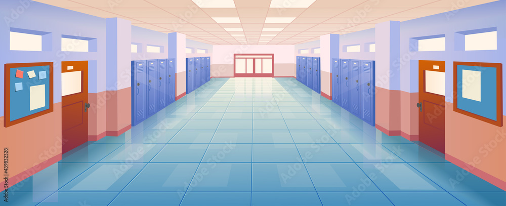 Interior school corridor with doors and lockers vector illustration ...