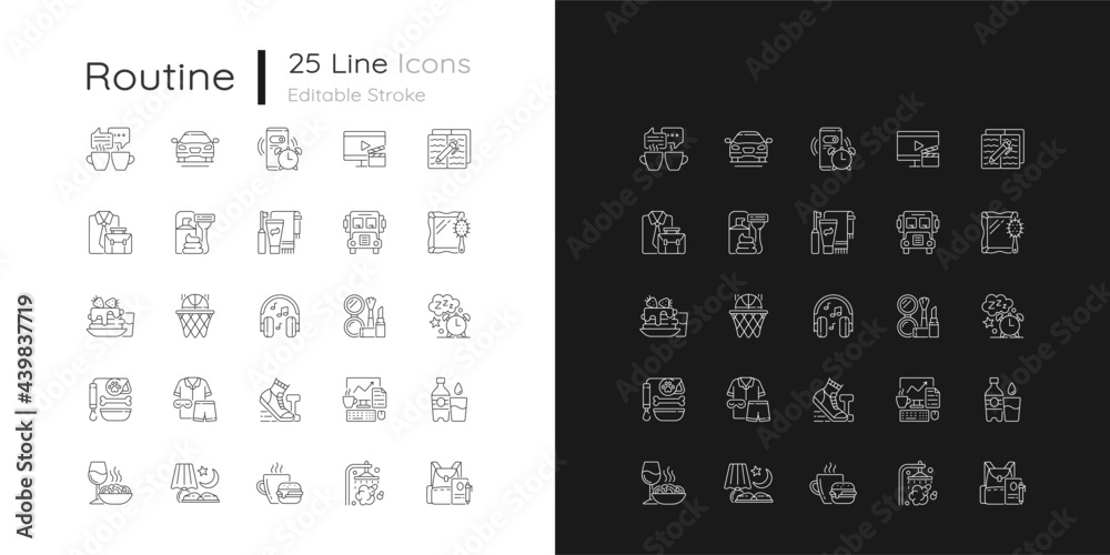 Everyday routine linear icons set for dark and light mode. Alarm clock ...