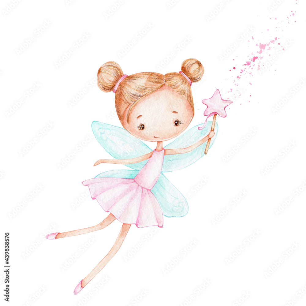 ภาพประกอบสต็อก Cute cartoon fairy in pink dress with magic wand ...