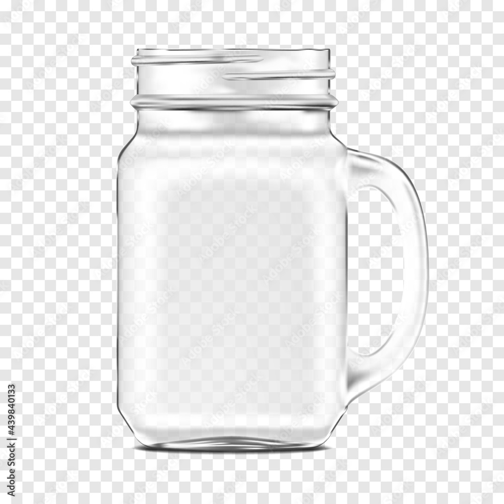 Clear glass mason jar with handle on transparent background, vector ...