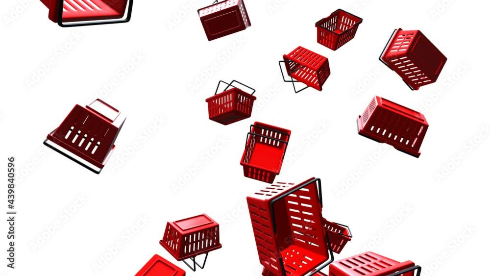 Red plastic shopping baskets on white background. Loop able abstract ...