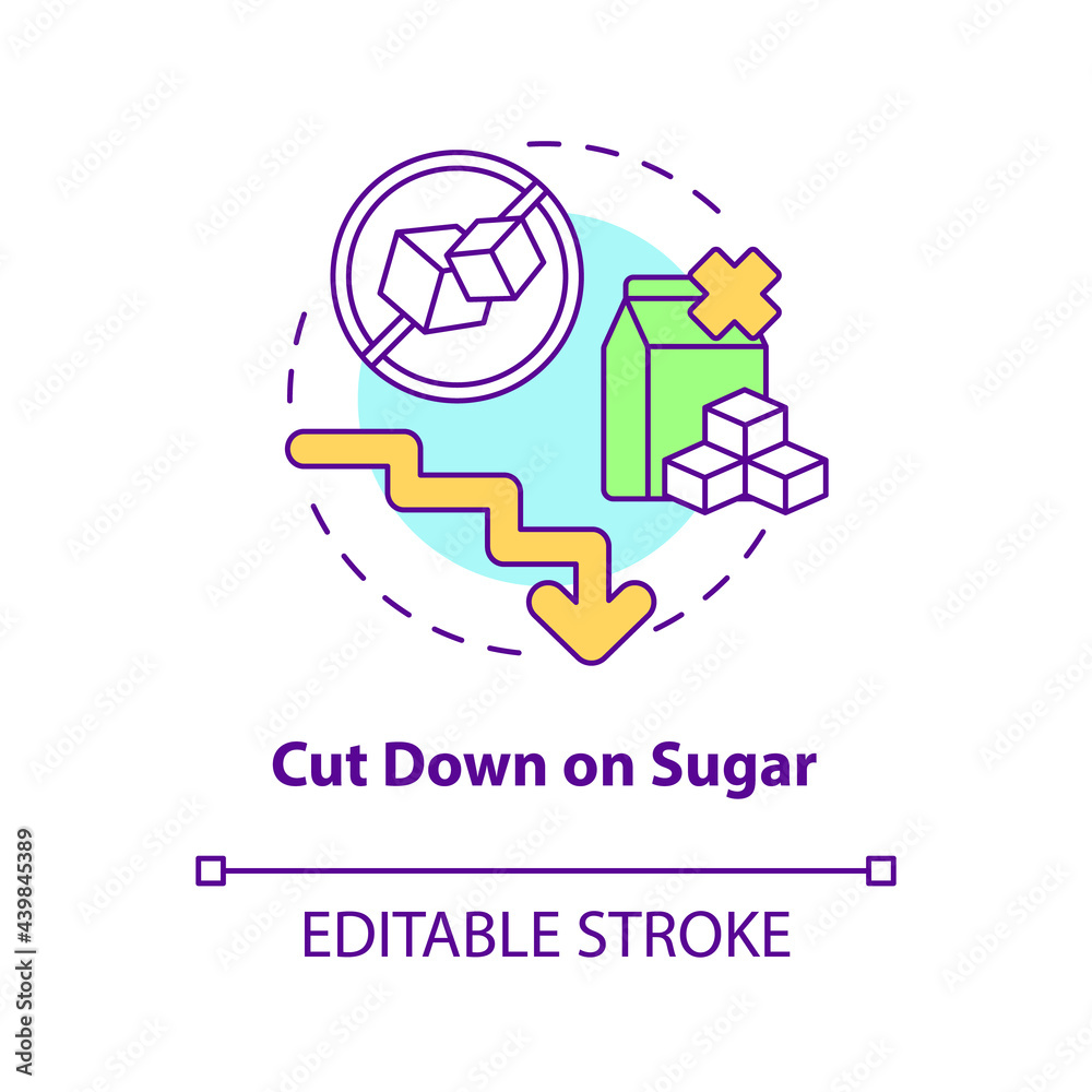 Cut down on sugar concept icon. Decrease amoun of sugar during day ...