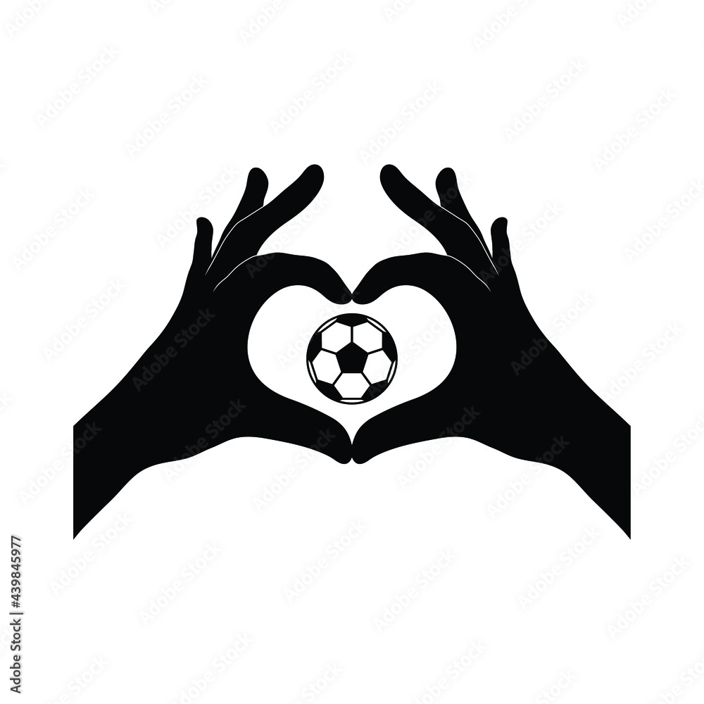 Two hands in the form of a heart with soccer ball icon or football sign ...