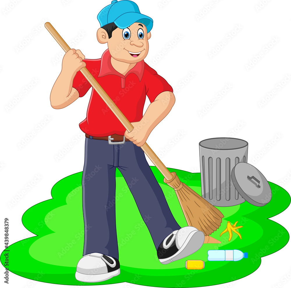 cartoon boy cleaning the yard Stock Vector | Adobe Stock