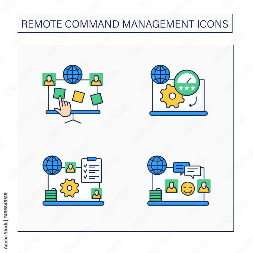 Remote command management color icons set. Planning board, productivity ...