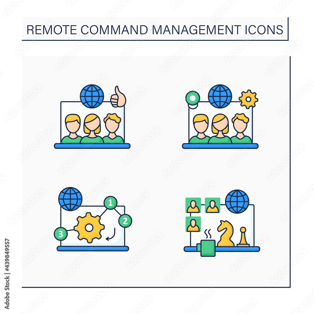 Remote command management color icons set. Remote working culture, team ...