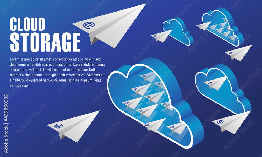 Isometric concept with email paper plane and clouds. Paper email planes ...