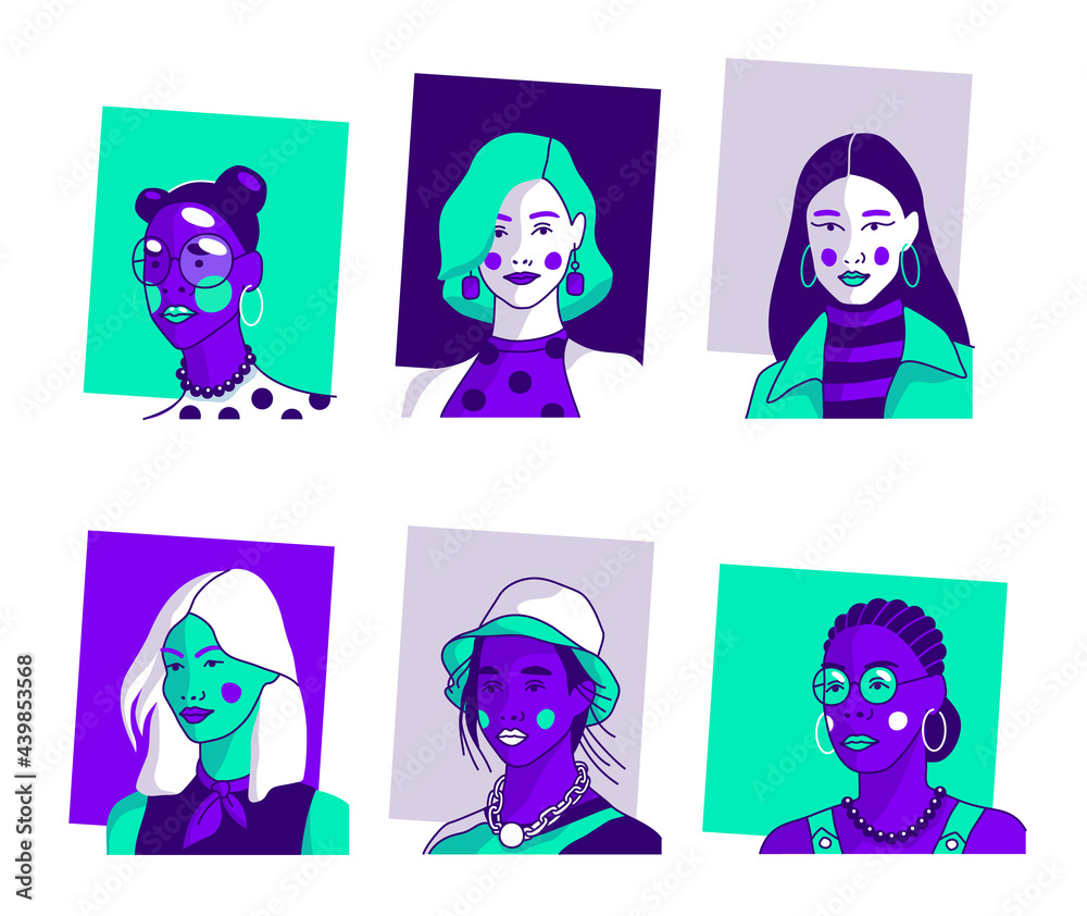Set of portraits of women of different gender and age. Vector outline ...