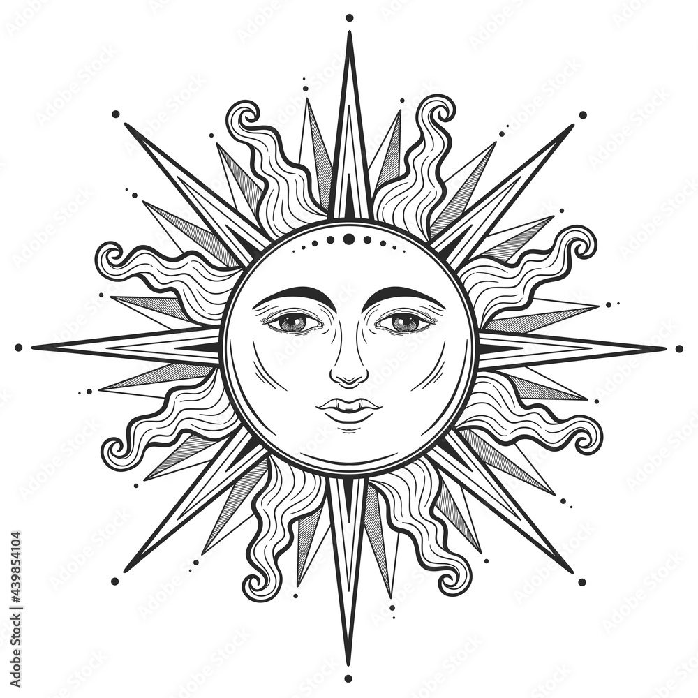 Beautiful elegant sun face symbol Tattoo design.Vector illustration ...