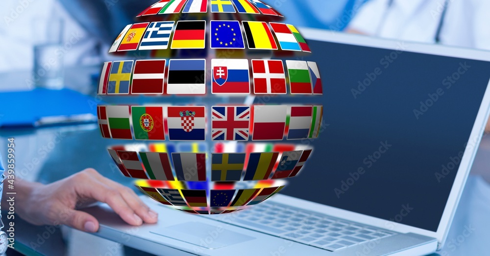 Globe of flags of multiple european countries against mid section of ...