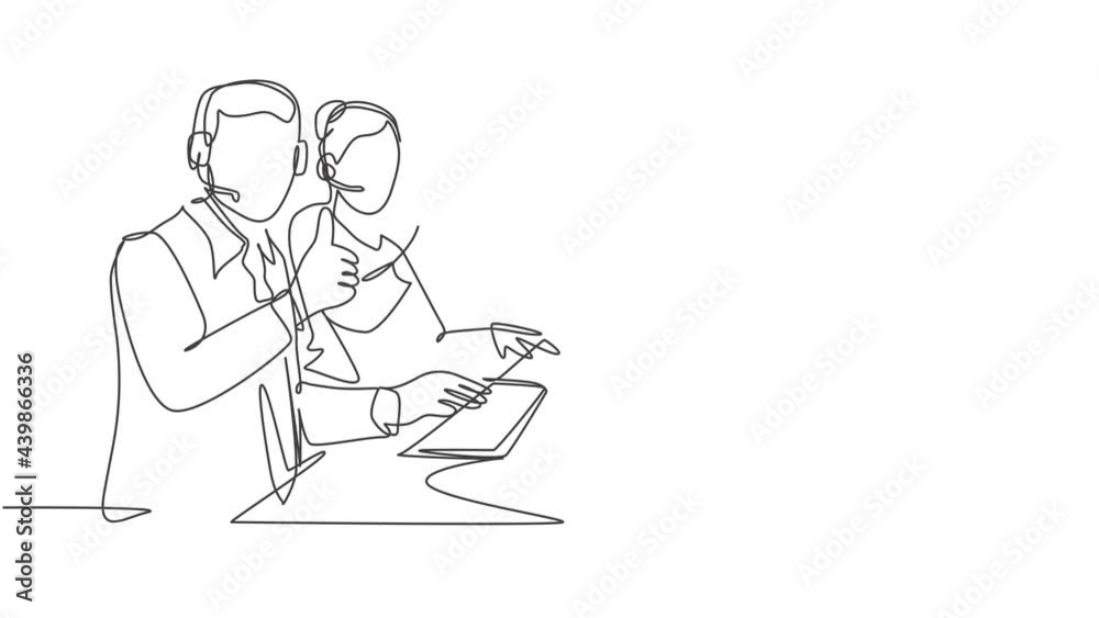 Self drawing animation of single line draw group of call center workers ...