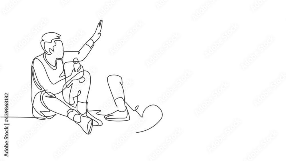 Animation of one line drawing of two men take a rest after playing ...
