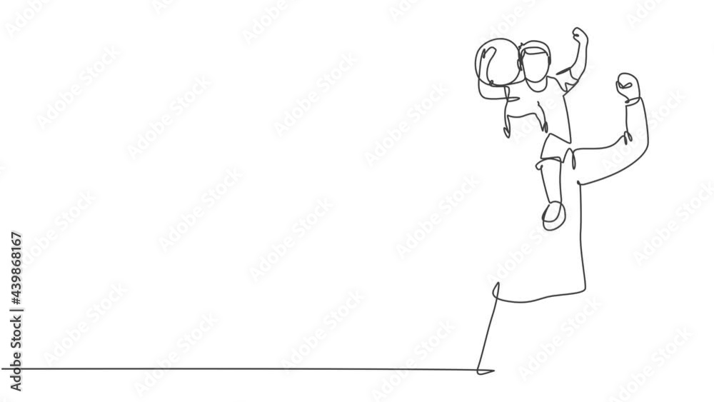 Animation of one line drawing of father lift up his kids on the ...