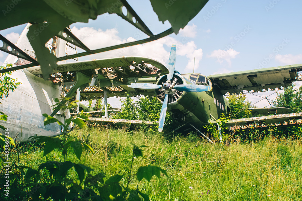 A close-up of an old wrecked passenger plane that has been ...